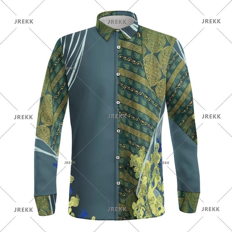 Kemeja batik lengan panjang lelaki, lembut, asli, motif obor-obor ...