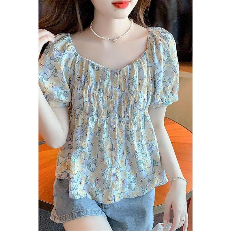 Atasan Lengan Pendek Sifon, Baju Musim Panas Wanita, Blaus Bunga ...