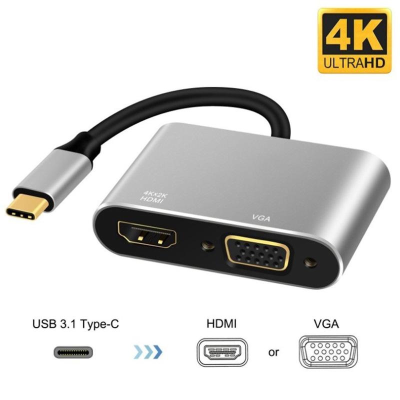 USB C Hab ke HUB, 2in1, 4K @ 60HZ VGA dan 1080P, Penyesuai USBC, Stesen ...