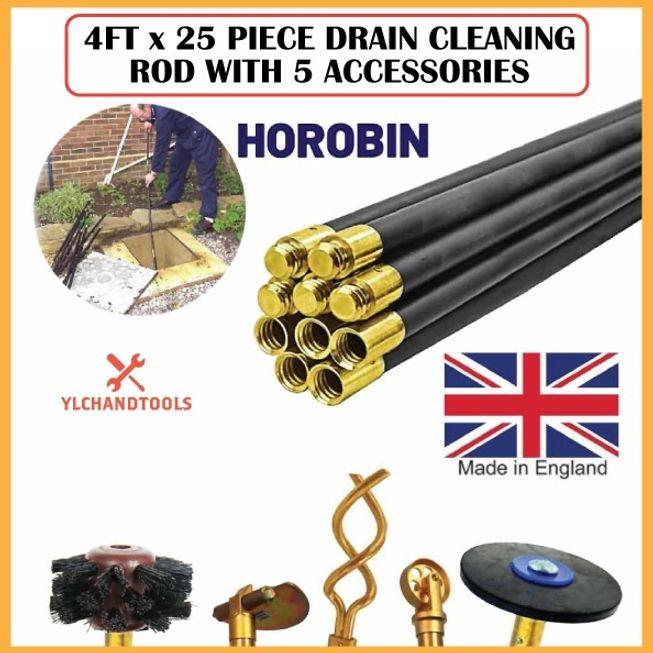 BLACK ''HOROBIN'' 4FT x 25 PIECE DRAIN CLEANING ROD WITH 5 ACCESSORIES ...