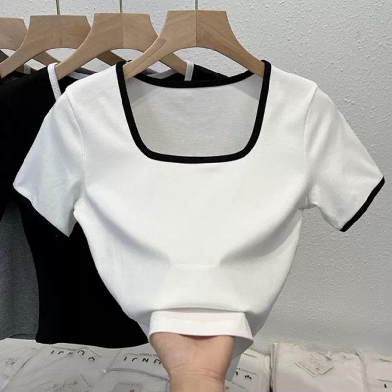 Baju Asas Bergaya Leher Persegi, Baju-T Lengan Pendek, Slim Fit ...