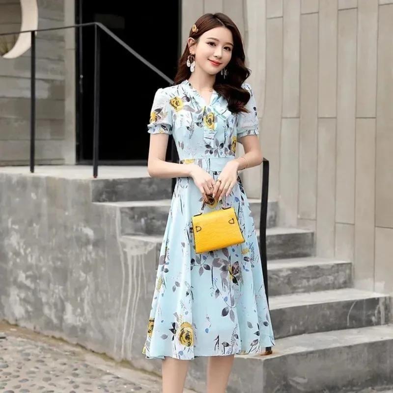 Gaun Sifon Bercetak, Gaya Musim Panas, Gaun A-line, Elegan, untuk ...