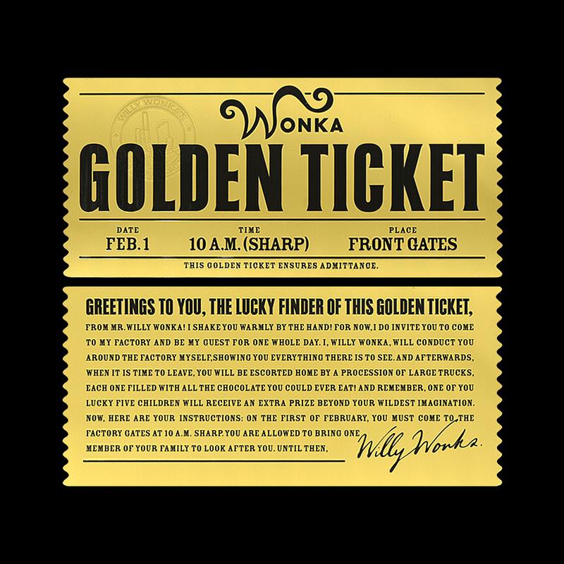 Golden Ticket of Willy Wonka's Chocolate Factory Gold Foil Plastic ...