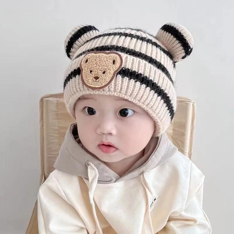 Topi Rajutan Bulu Beruang Berjalur, Rekaan Comel, Aksesori Kanak-kanak ...