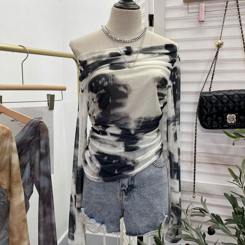 Baju Lengan Panjang Tie-Dye Luar Bahu, Untuk Wanita, Blaus Kaitan ...