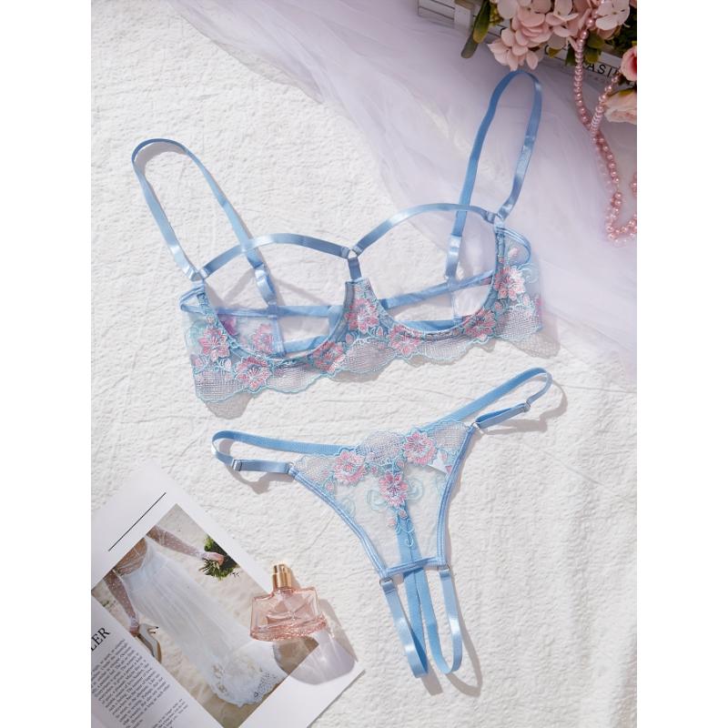 JingJing Women's Floral Embroidery Bra & Open Crotch Thong - - TikTok Shop