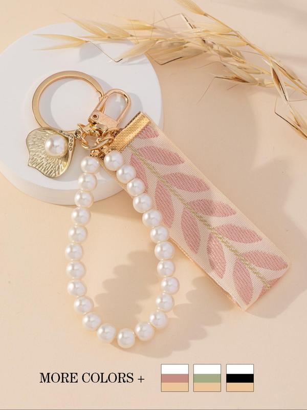 Faux Pearl Decorated Leaf Design Keychain, Elegant Keychain for ...