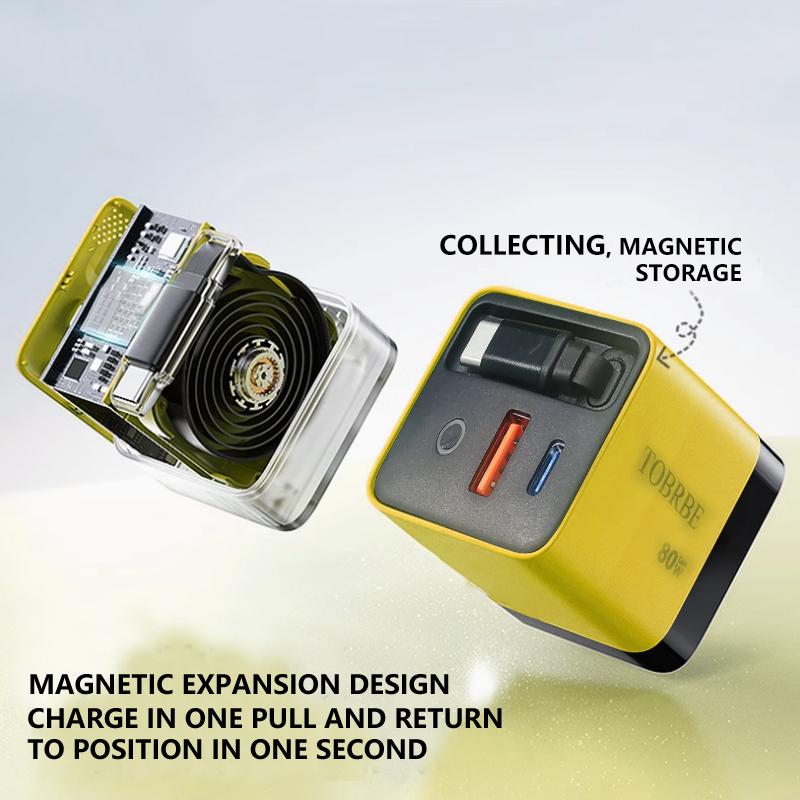 TOBRBE 3 in 1 GaN Charger, Retractable 80W MAX Fast Charger Block with ...