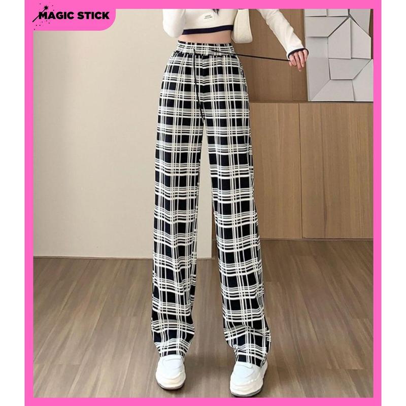 PNT48 MST Summer Plaid Wide Leg Casual Pants Womens High Waist - TikTok ...