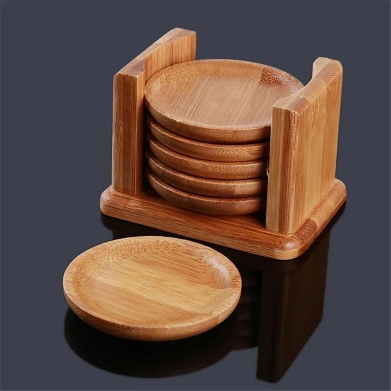 6Pcs Natural Round/Square Shaped Bamboo Teacup Coasters Set Portable ...