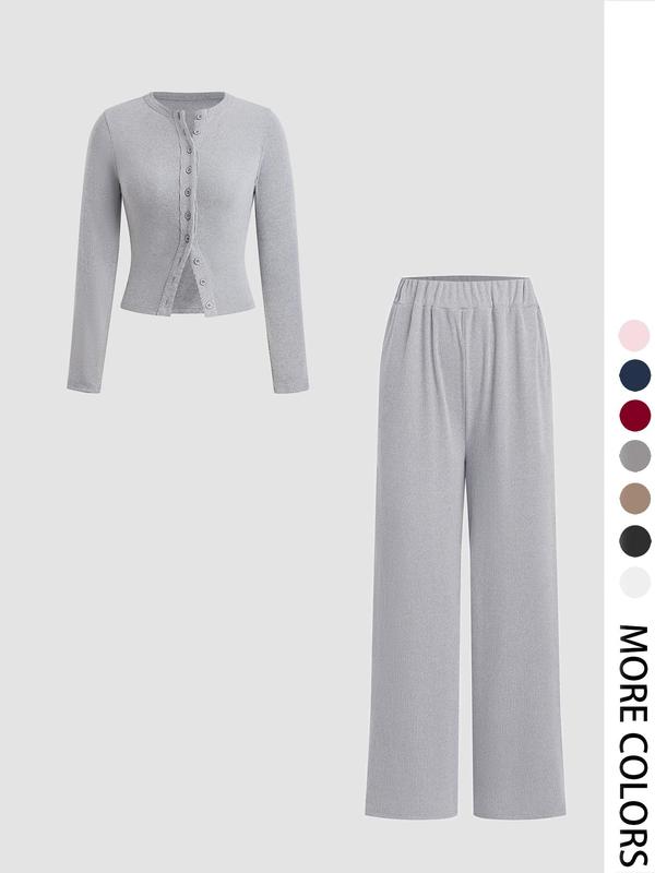 Two-piece Set Women's Solid Button Front Ribbed Crop Top & Elastic ...