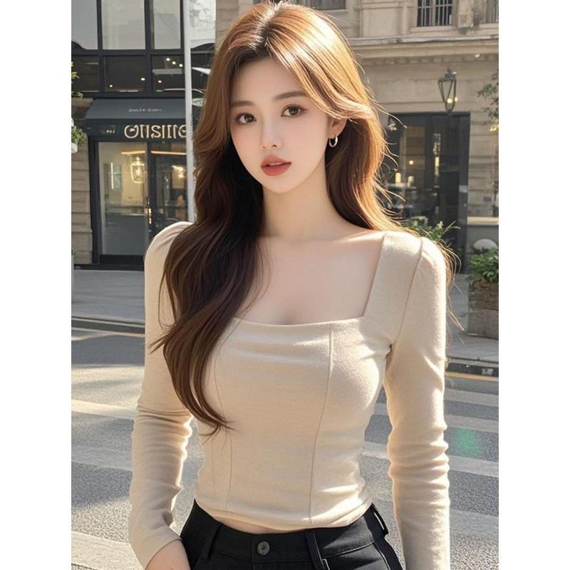 Baju Asas, Kecil Warna Pepejal, Leher Persegi, Lengan Panjang, - TikTok ...