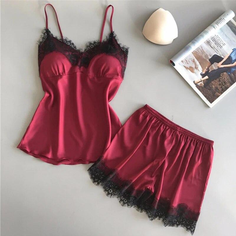 Sut Piyama untuk Wanita, Fesyen, Leher V, Bahan Satin Regangan ...