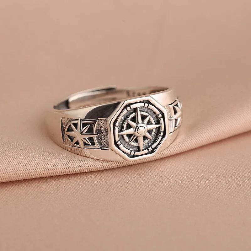 Retro Poseidon Compass Ring Silver-Plated Hexagram Opening Adjustable ...