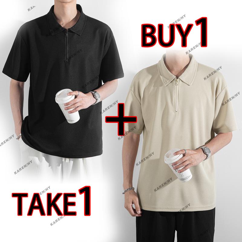 HY BUY 1 TAKE 1 plain waffle polo tshirt zipper neck round polo ...