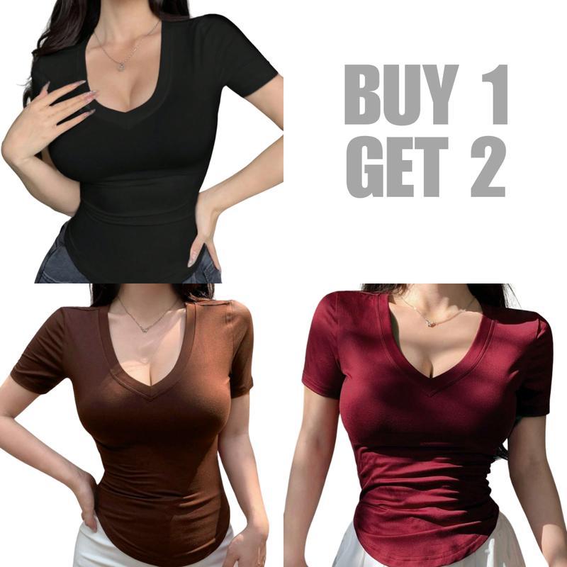 【BUY 1 TAKE 2】(3pcs) Casual Solid V-Neck Top Short Sleeve T-Shirt ...