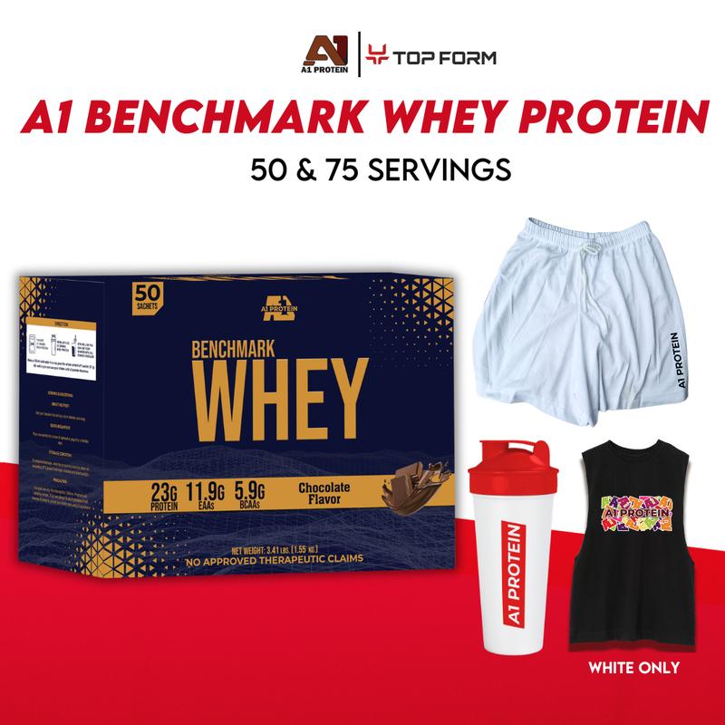 A1 Benchmark Whey Protein 50 & 75 Servings Free Shaker or Shirt ...