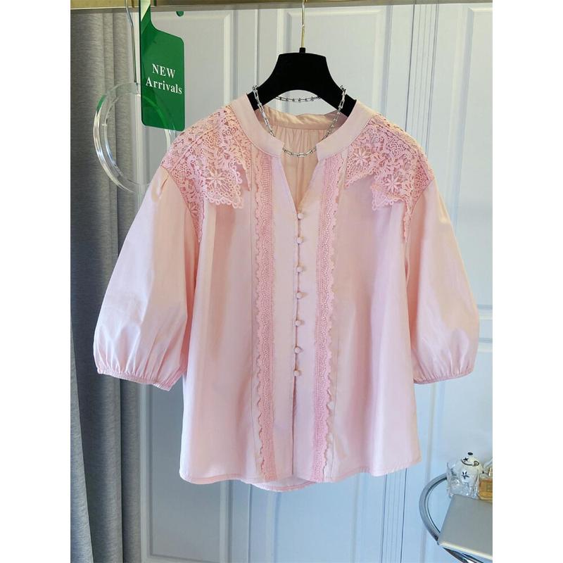 FADFAD Kemeja wanita dengan desain renda lengan puff pendek gaya - Shop ...