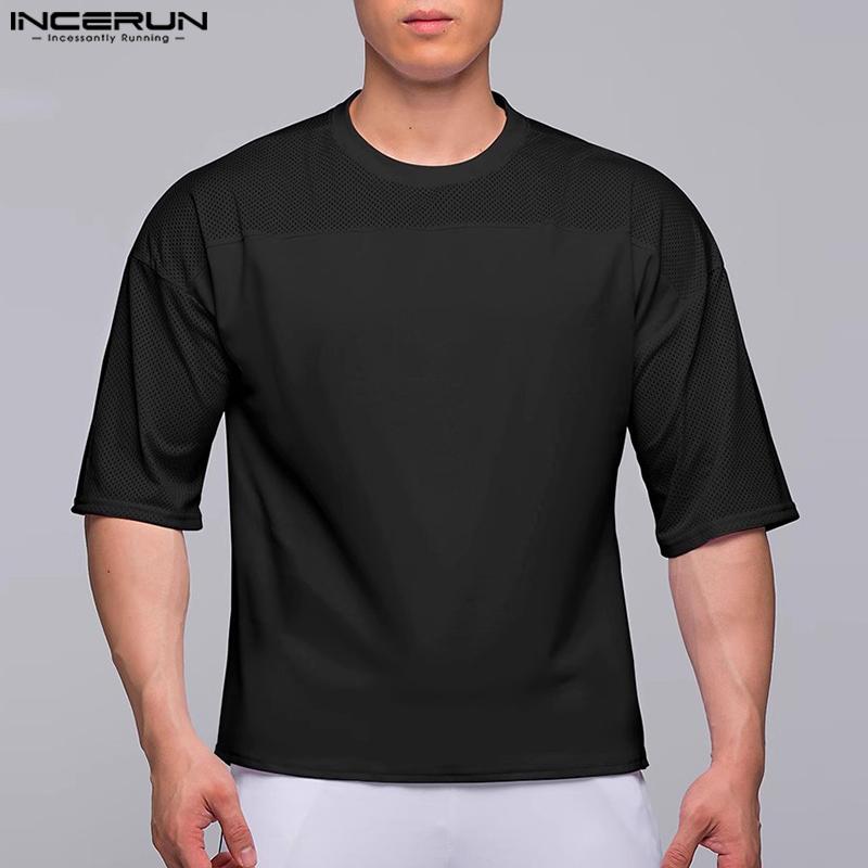INCERUN Men's Casual Mesh Stitching Hollow Out Blouses See Through ...
