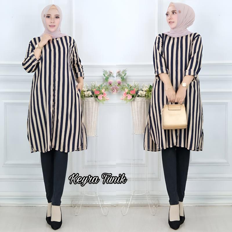 Keyra Tunik Atasan Salur Garis Dress Rayon Panjang Premium Kancing - Shop | Tokopedia