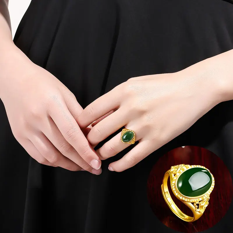 Gold-Plated Ethnic Style Faux Hetian Jade Ring with Green Chalcedony ...