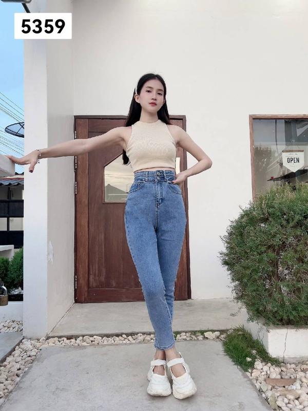 5359#กางเกงยีนส์ขายาว ทรงเดปเอวสูงคือเนื้อผ้ายืดหยุ่นดีมาก ดีเทลแต่งเอวเบิ้ล - TikTok Shop Thailand