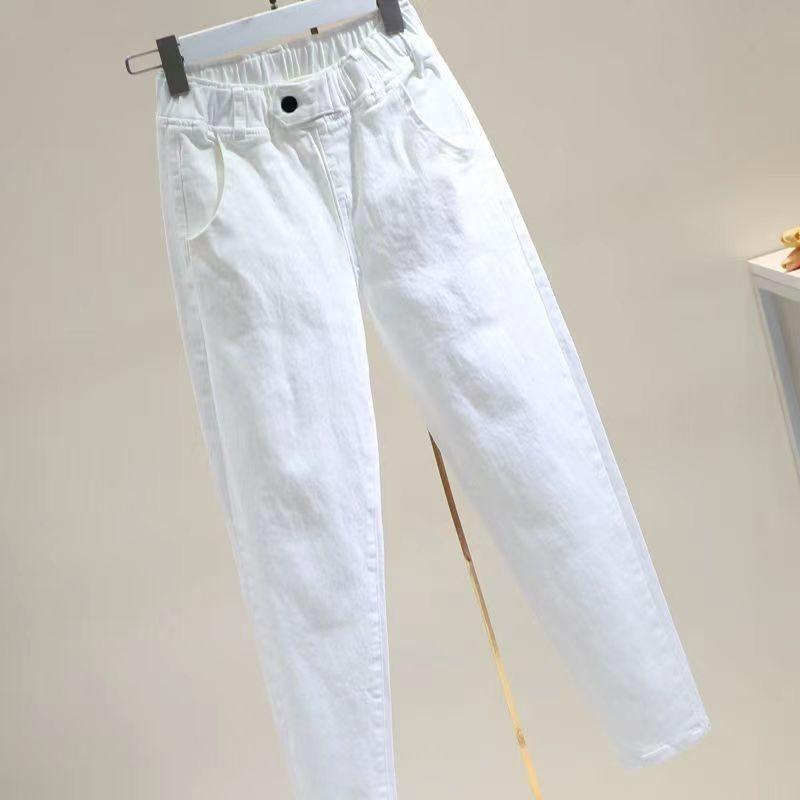 Seluar Jeans Regangan Pinggang Tinggi, Warna Putih, Longgar dan ...