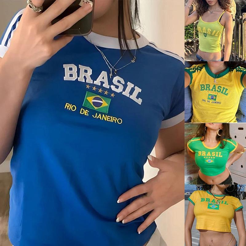Women Aesthetic Letter 90s Brazil Crop Tops Summer Short Sleeve ...