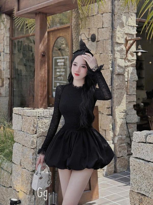 Đầm xốp dài tay phối tà bí chất kate sang chảnh đi tiệc - TikTok Shop ...