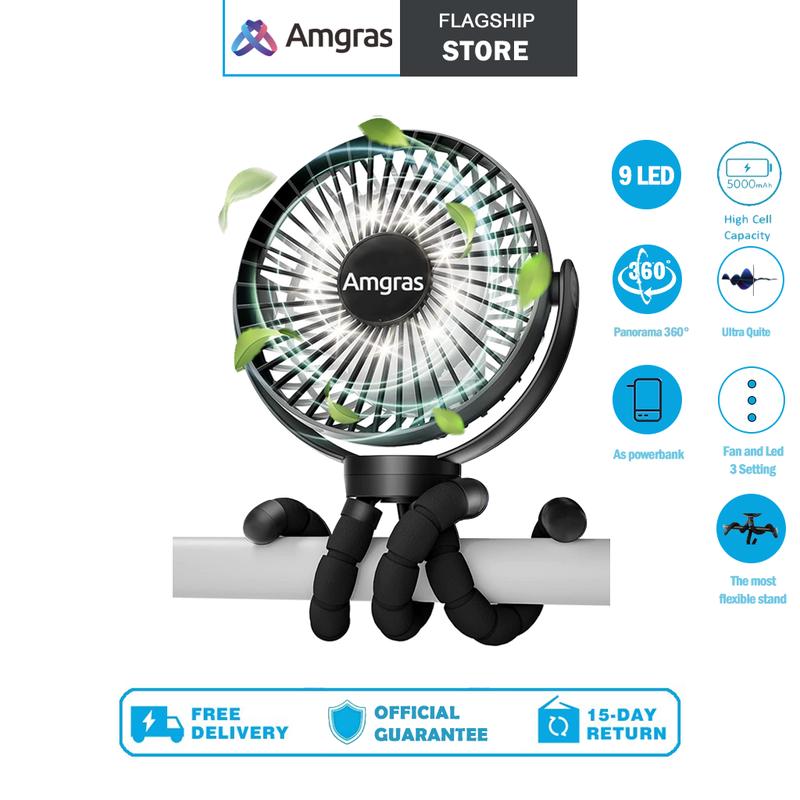 Amgras Portable Stroller Fan USB Rechargeable battery fan Quiet ...
