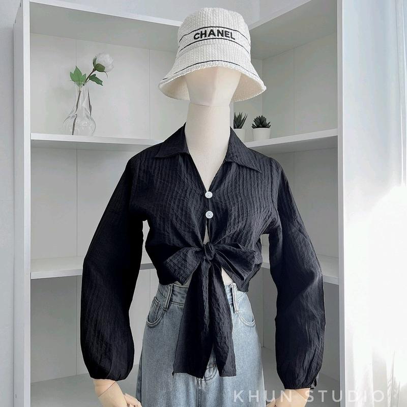 K2 เสื้อแขนยาวคอปก ผูกโบว์ด้านหน้า สีพาสเทล งานไทย ป้าย Khun - TikTok Shop Thailand