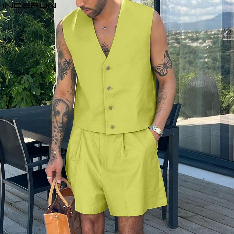 INCERUN Men's Sets V-Neck Sleeveless Cropped Vest + Shorts Suit ...