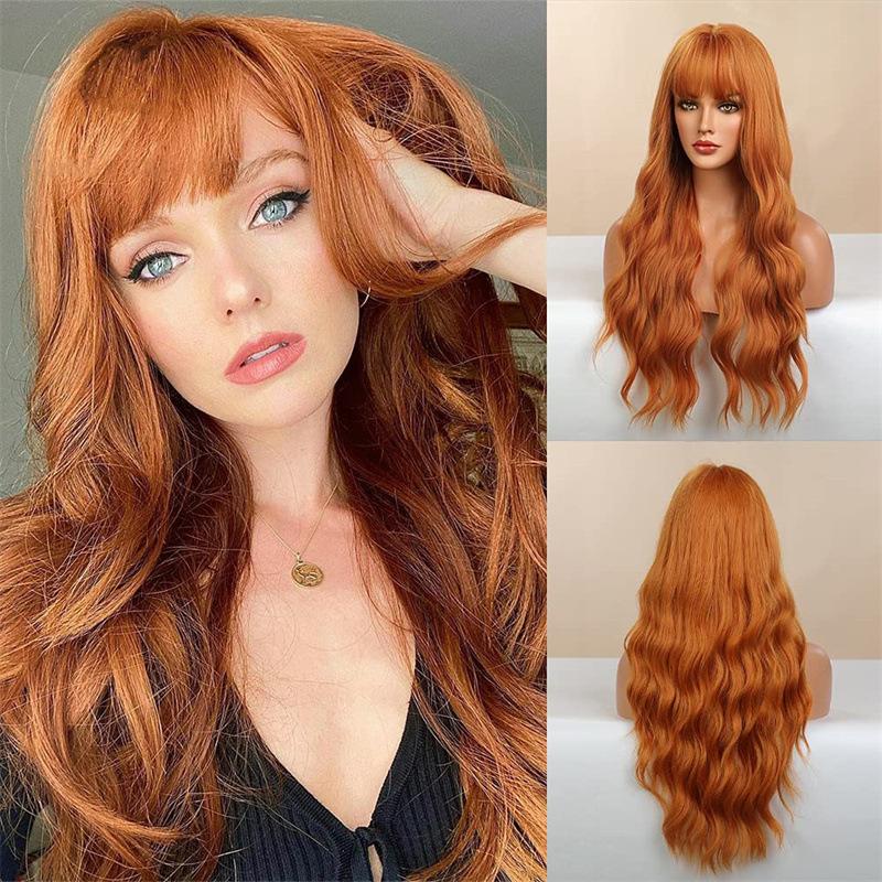 Big Wave Wig Women's Orange Air Bangs Long Curly Hair Face Trimming ...