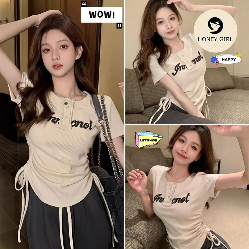 Kemeja-T Lengan Pendek Tali Serut, Untuk Wanita, Pakaian Musim - TikTok ...