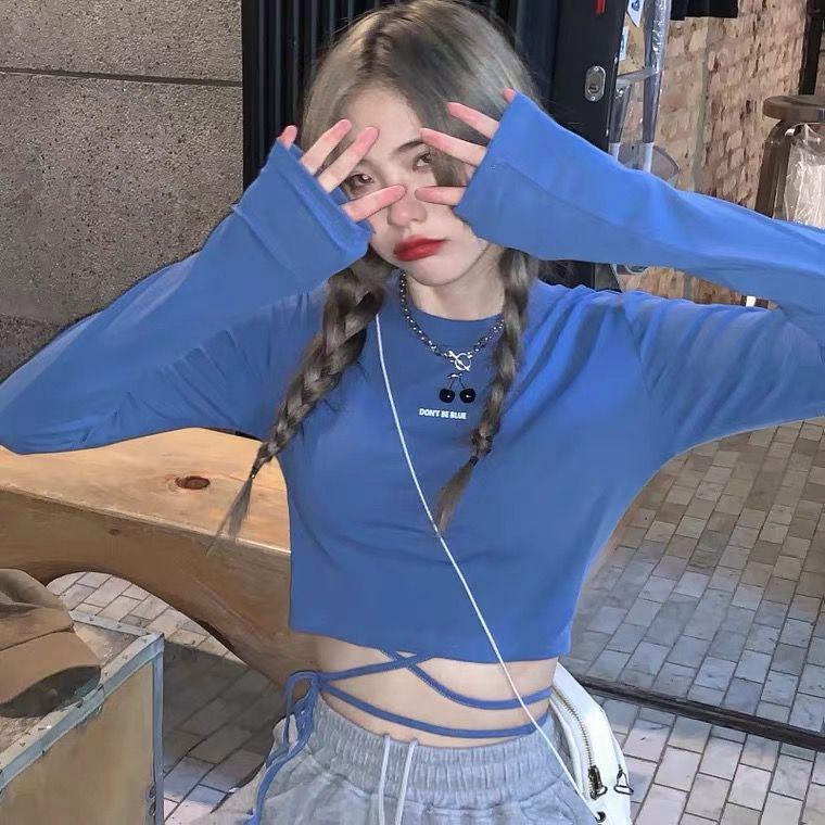 【crop top full body】Fall 2024 New Blue Color Design Sense Niche Hot ...