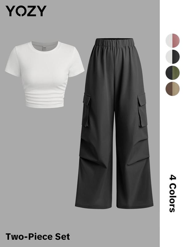 YOZY Solid Round Neck Crop Top & Pocket Cargo Pants Set, Ruched ...