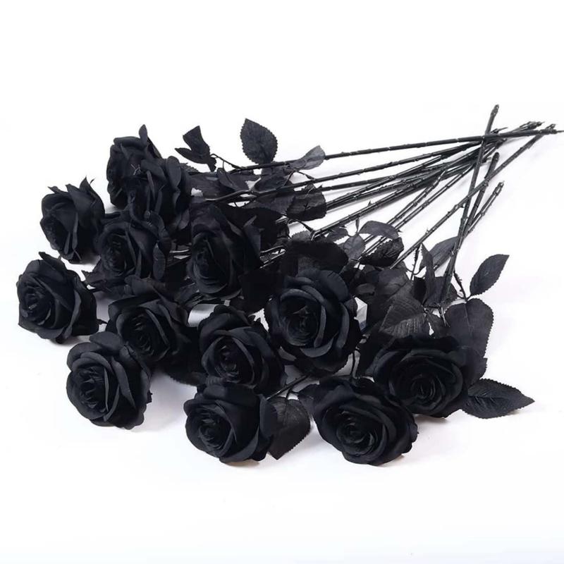 12 PCS Artificial Flowers Black Roses, Fake Silk Flower Long Stem Artificial Rose for Halloween ...