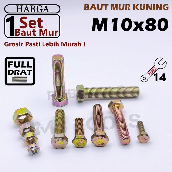 Jual Baut Mur Kuning Hex M10x80 8cm Besi Galvanis BMK Hexagon M10 Kunci ...