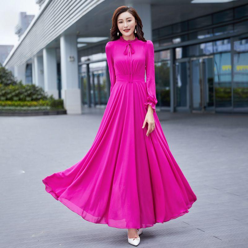 Gaun Sifon, Slim Fit Elegan, Lengan Panjang, Labuh Lebar, Pelangsingan ...