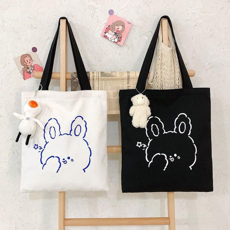 Casual Cute Print Canvas Bag Solid Color Square Shape Tote Bags Large ...
