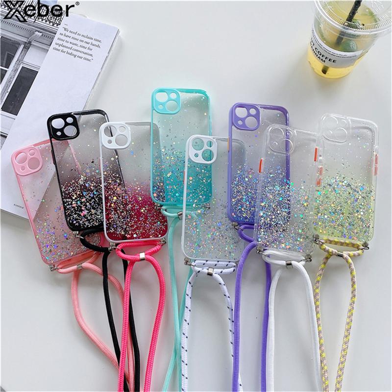 Glitter Sequins Gradient Clear Necklace Strap Lanyard Phone Case ...