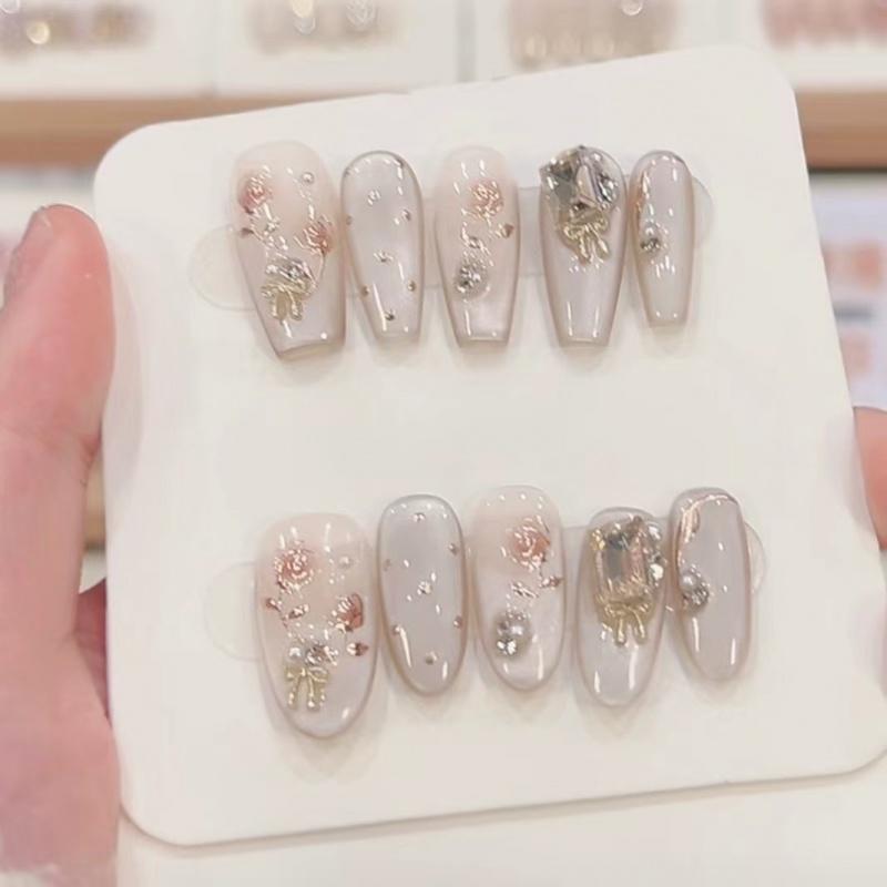 French Style Handmade Press On Nail Stickers with Rose Light - TikTok ...