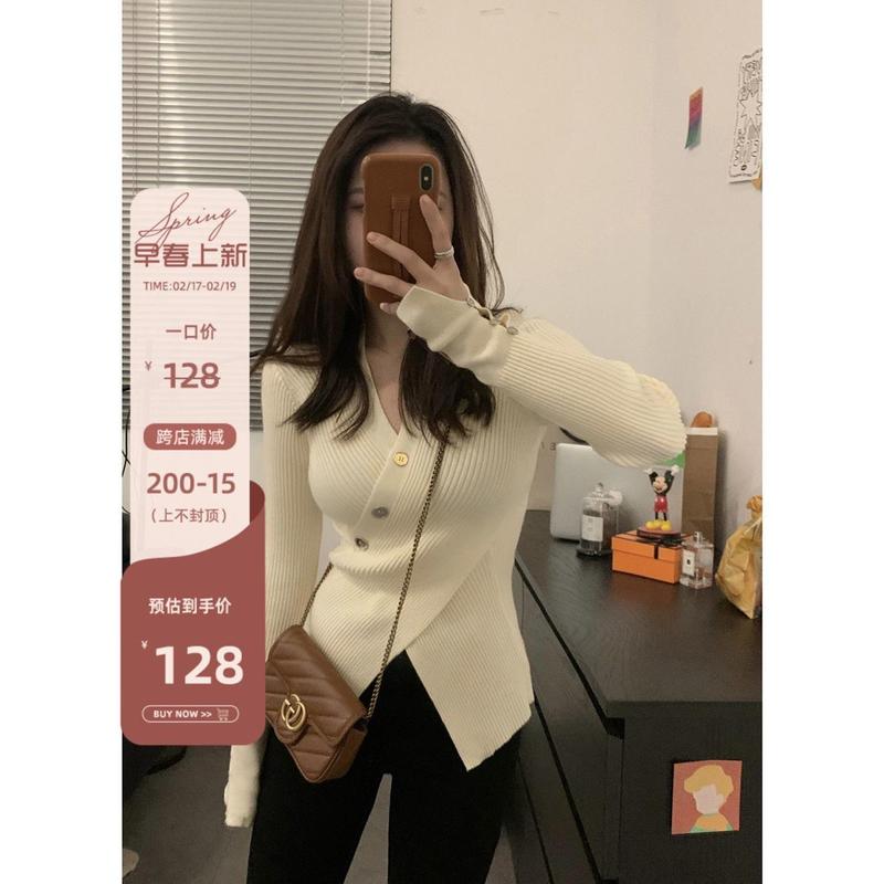 Sweater Leher V, Berkait, Lengan Panjang, Gaya Comel dan Seksi ...