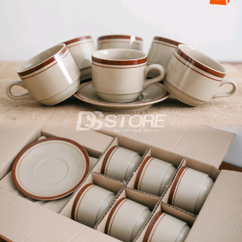 Cangkir Set Keramik Lis Coklat/Hijau isi 6 set | Cangkir dan Tatakan ...