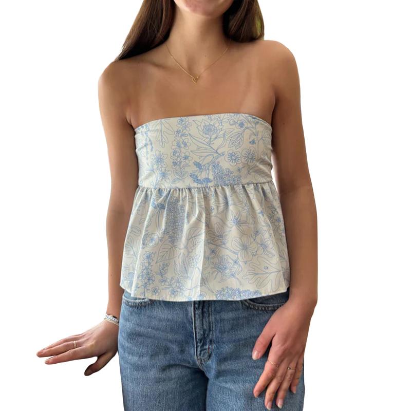 Women Summer Tube Tops Chic Floral Print Backless Tie-up Off - TikTok ...
