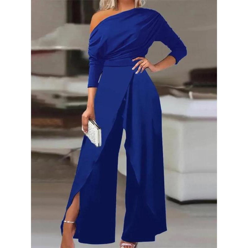 Plain Ruched Wrap Split Hem Jumpsuit for Women - Elegant Wid - TikTok Shop