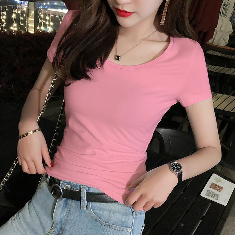 Kemeja-T Lengan Pendek, Warna Merah Jambu, Slim-Fit, Baju Langsing ...