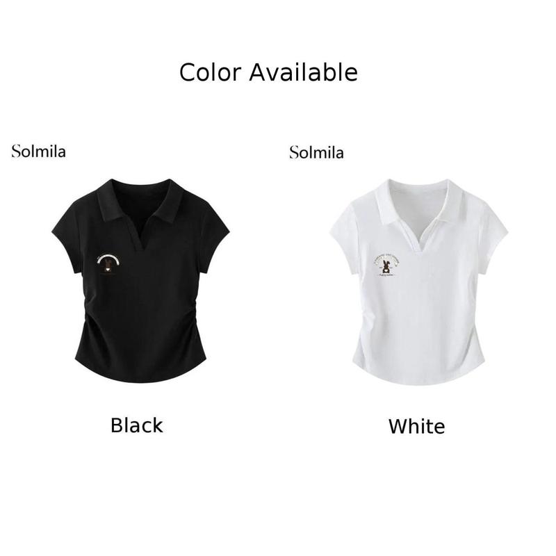 [DLTK NEW] Women Rabbit Letter Print Slim Fit Short Sleeve Lapel ...