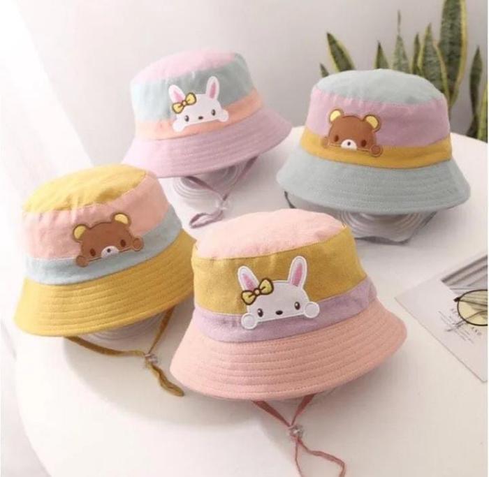 Promo Topi Bucket tali anak kombinasi tiga warna bordir Kelinci dan ...