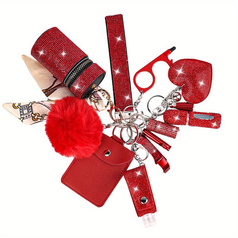 Women's Rhinestone Safety Keychain Set - 11pcs with Storage Bag & Pom ...